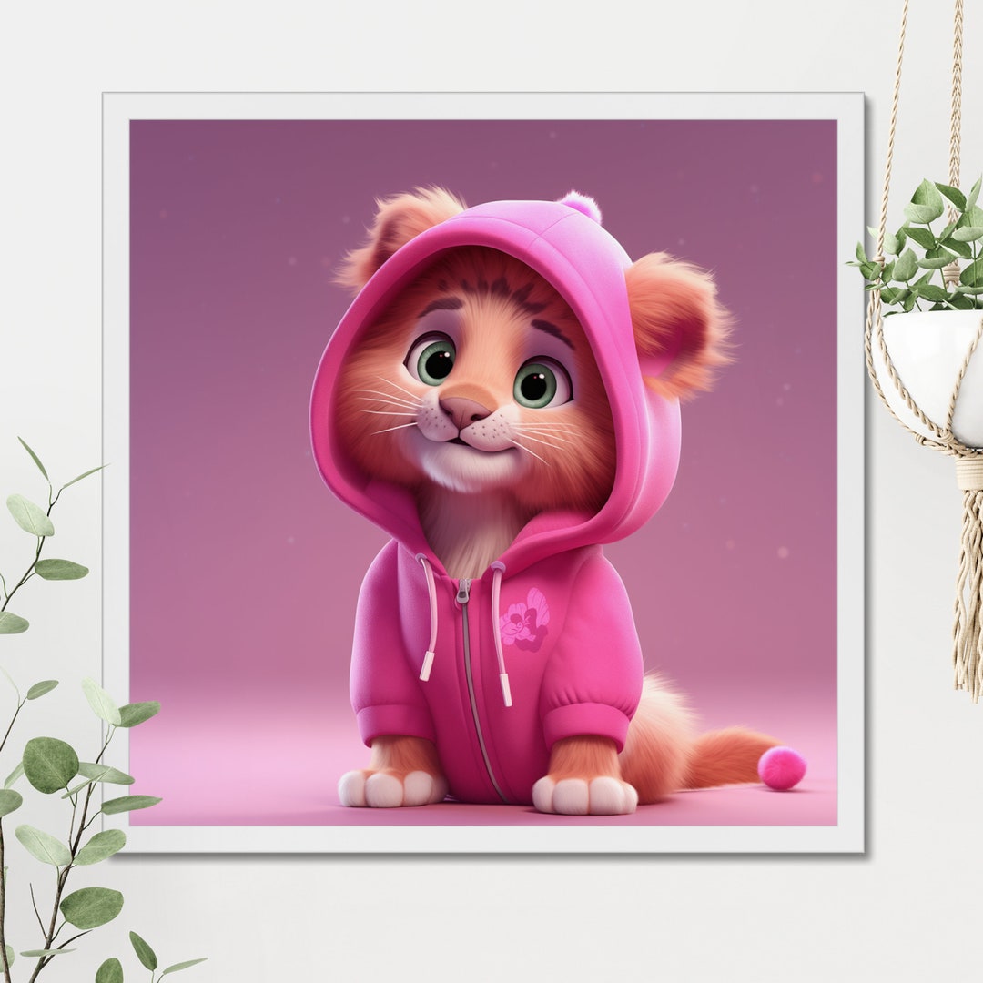 Digital Cute Small Pink Cartoon Lion Cub With Coat Print Wall Art to ...