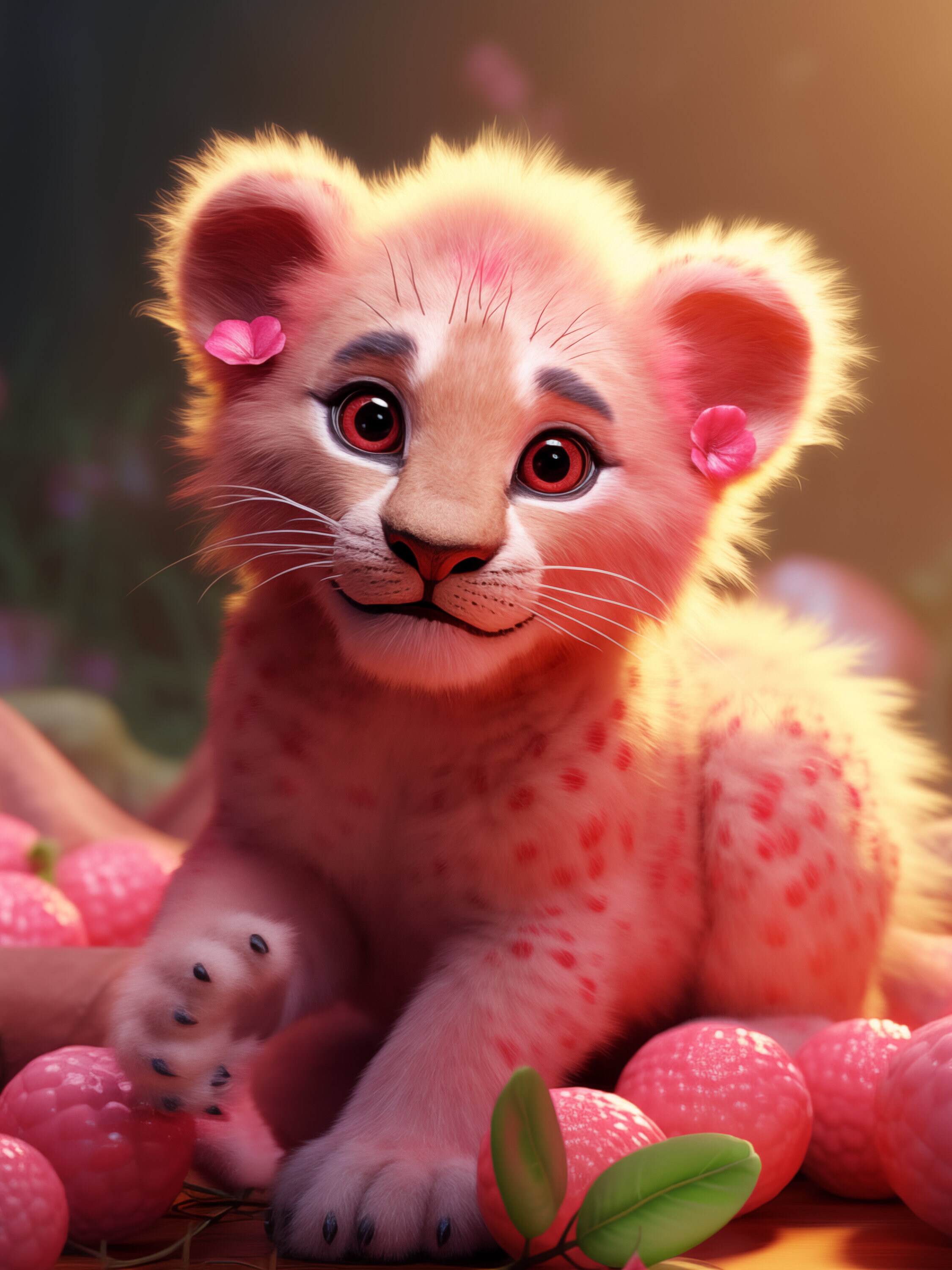 Digital Cute Small Pink Cartoon Lion Cub With Flowers Print Wall Art to ...