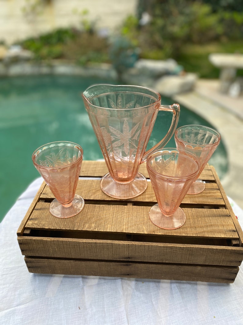 Vintage Pink Pitcher and Tumblers Set Floral Poinsettia - Etsy