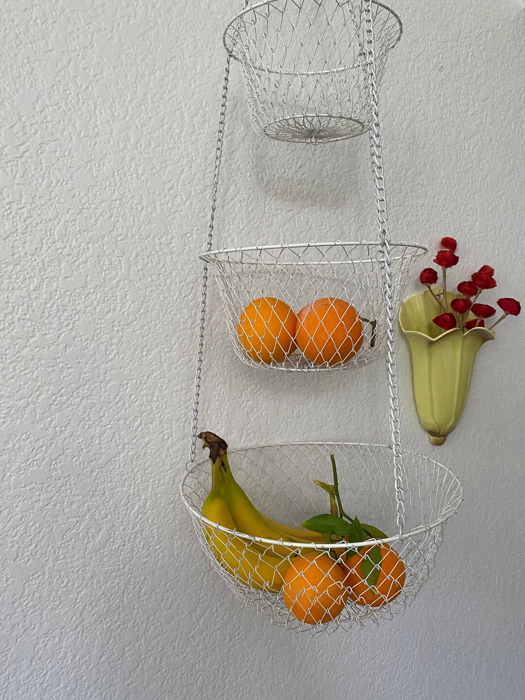 Vintage Hanging 3 Tier Wire Mesh Baskets, White, Classic Kitchen 3 Tier ...