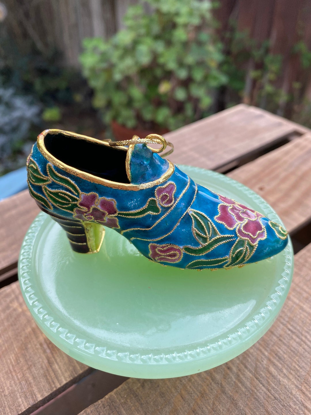 Vintage Cloisonne Shoe Trinket, Blue, Pink Floral Design, Gold Sole ...