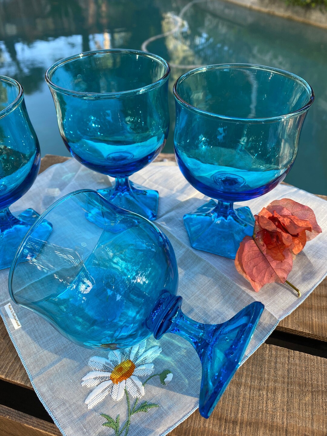 Vintage Set of 4 Turquoise Sky Blue Glassware, Hexagon Base Barware ...