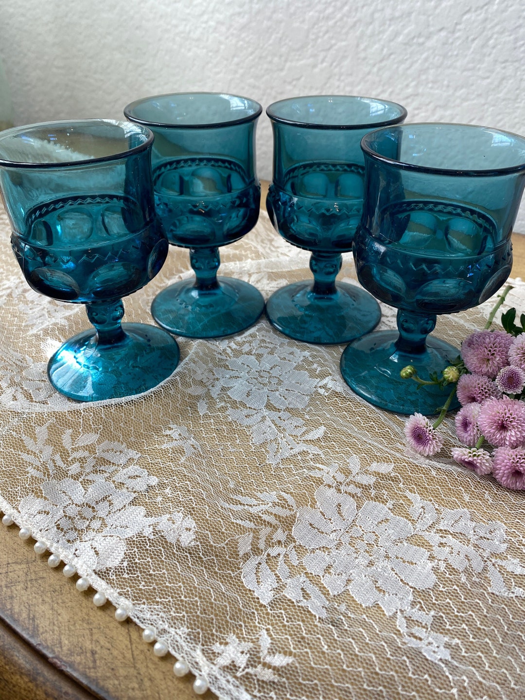 Vintage Blue Sherry Glasses - Kings Crown Thumbprint Barware - Set of 2 ...