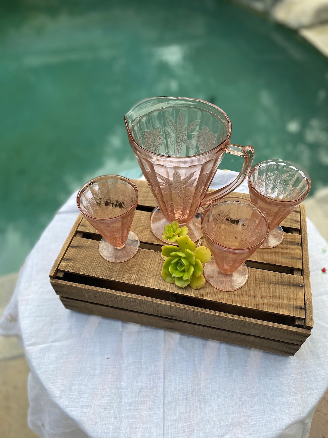Vintage Pink Pitcher and Tumblers Set, Floral Poinsettia Design ...