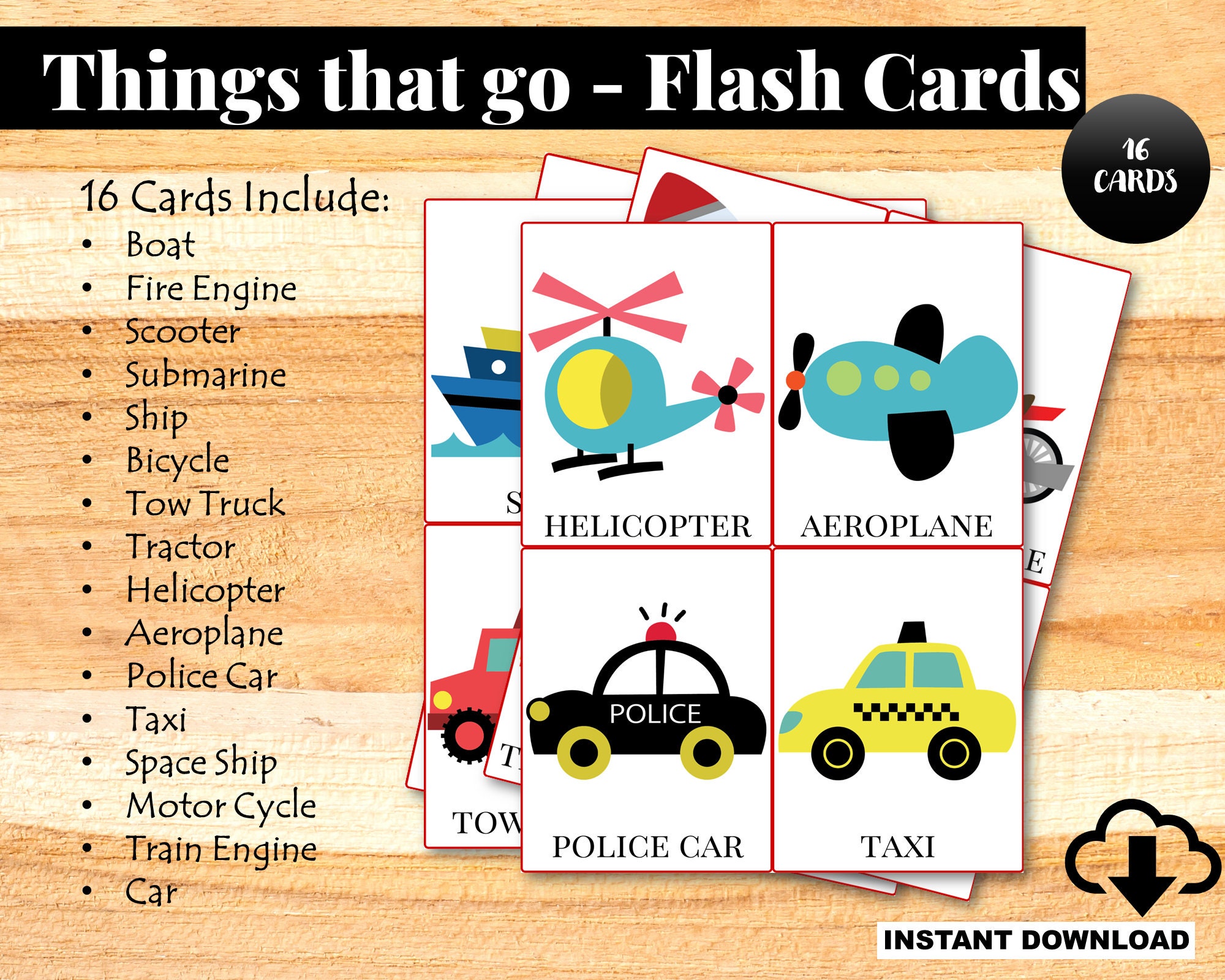 Things That Go Flashcards, Printable Preschool Flash Cards, Toddler ...