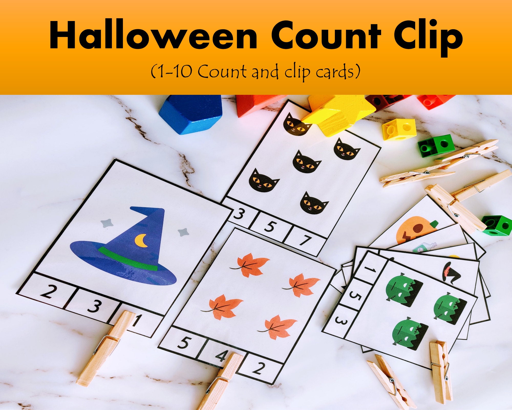 Halloween Math Count and Clip Cards Activity for Toddlers, Preschool ...