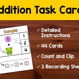 Kindergarten Math Addition Activity, Clip Cards, Task Cards With ...