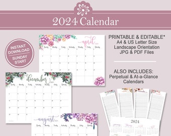 2024 Watercolor Floral Calendar Printable Landscape Horizontal US ...