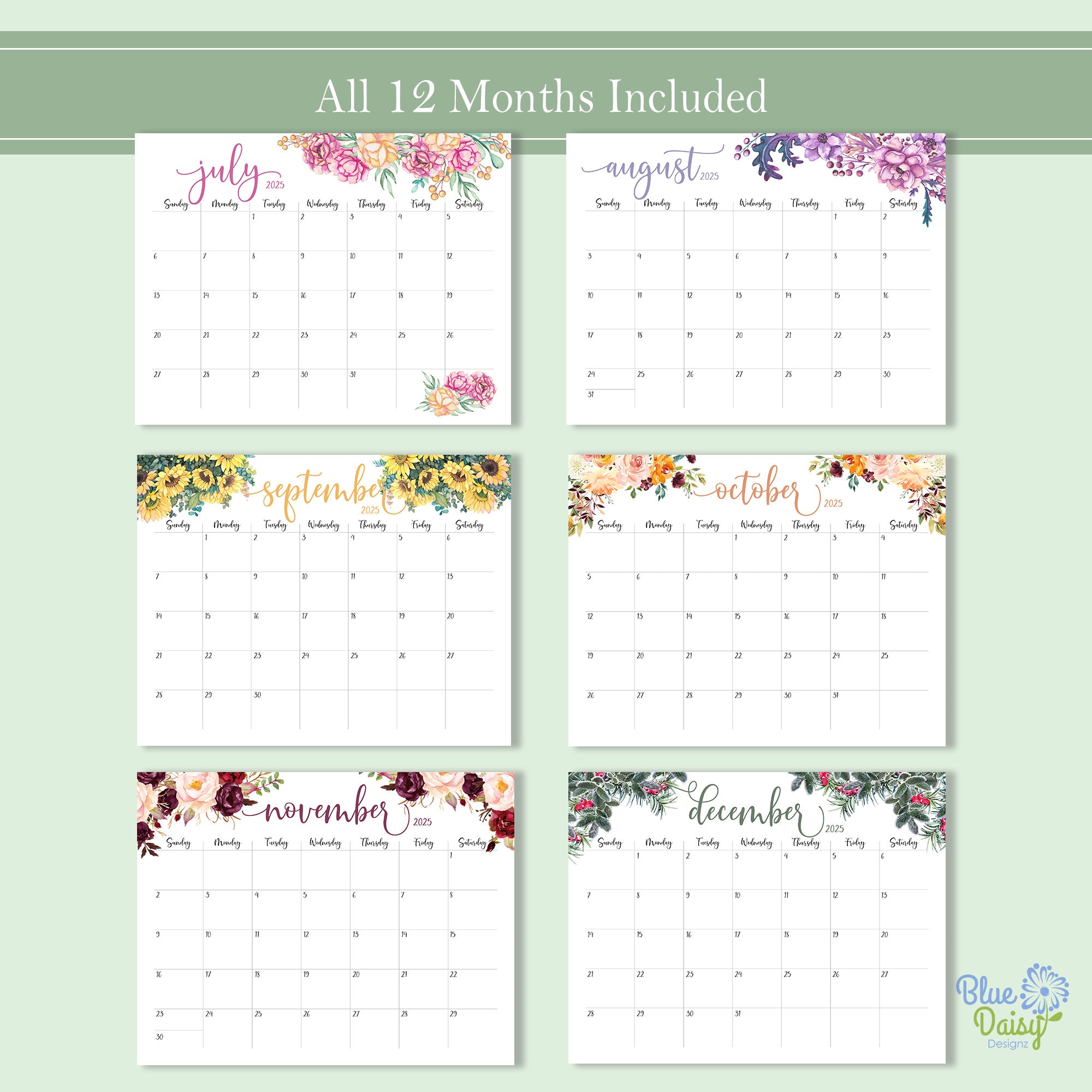 2025 Watercolor Floral Calendar | Printable Landscape Horizontal | US ...