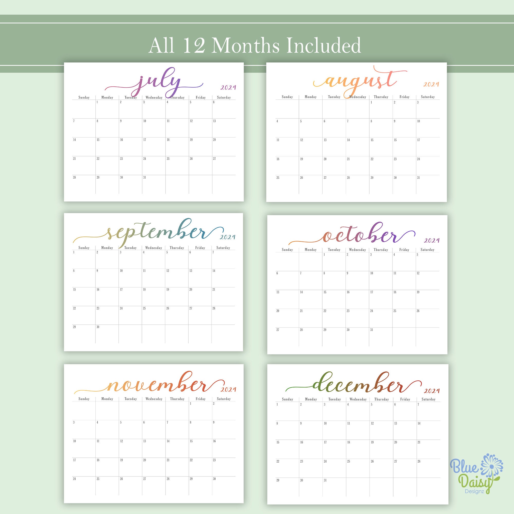 2024 Gradient Text Calendar Printable Editable Landscape Horizontal ...