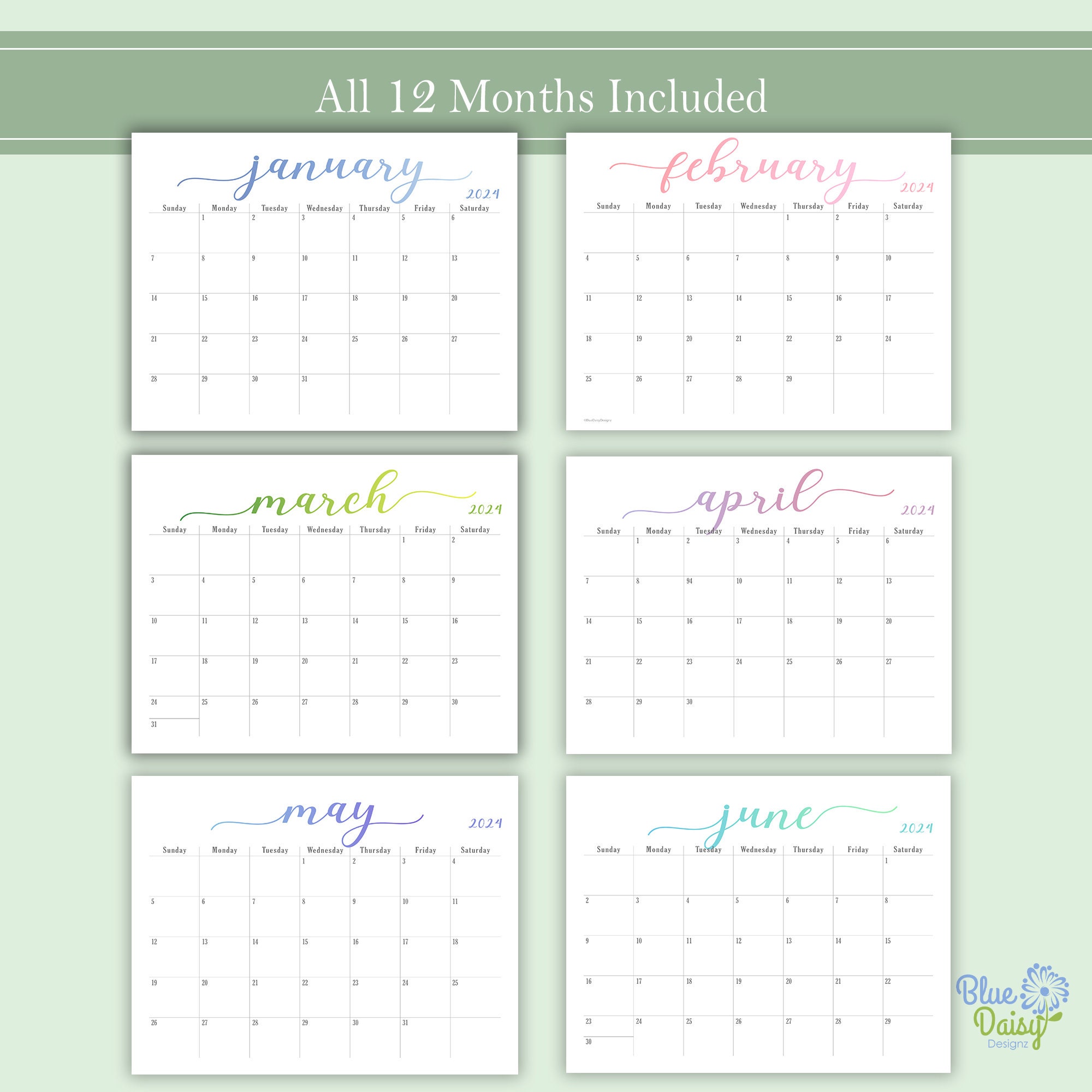 2024 Gradient Text Calendar Printable Editable Landscape Horizontal ...
