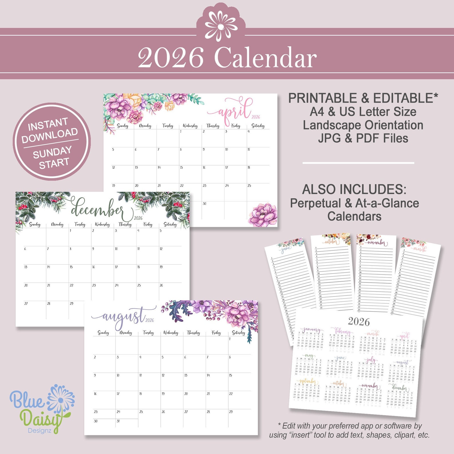 2026 Watercolor Floral Calendar PLUS | Printable Landscape Horizontal ...