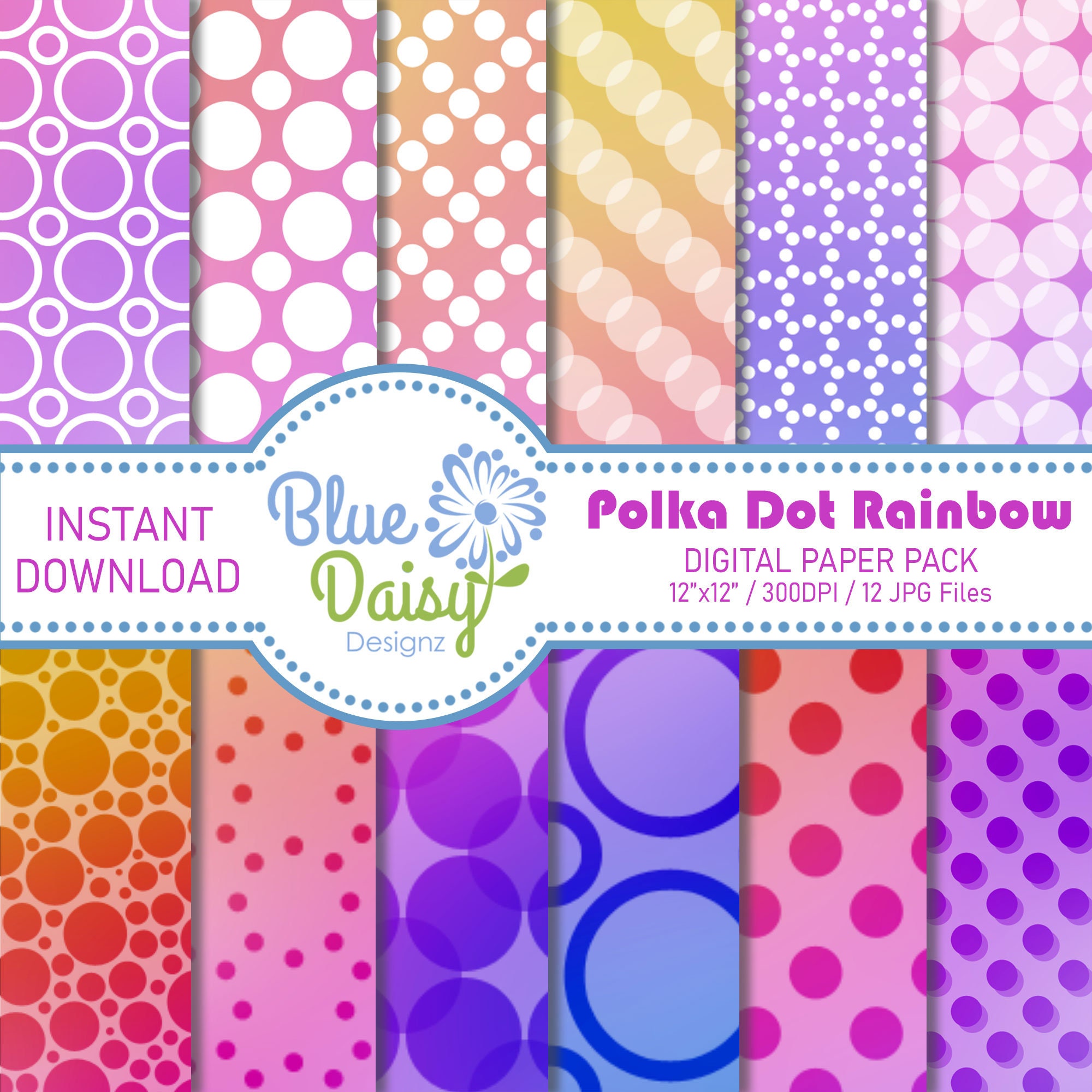 Polka Dot Textured Rainbow Digital Paper Pack, Textured Digital Paper ...