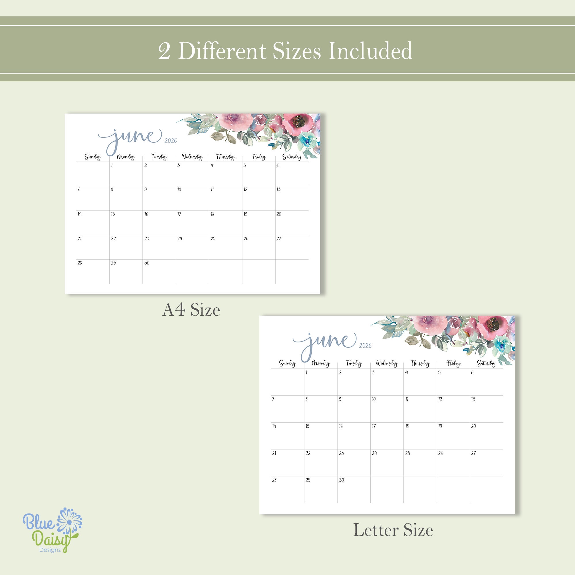 2026 Watercolor Floral Calendar | Printable Landscape Horizontal | US ...