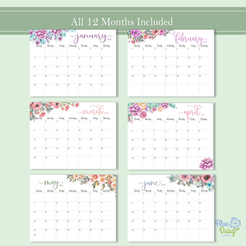 2026 Watercolor Floral Calendar PLUS | Printable Landscape Horizontal ...
