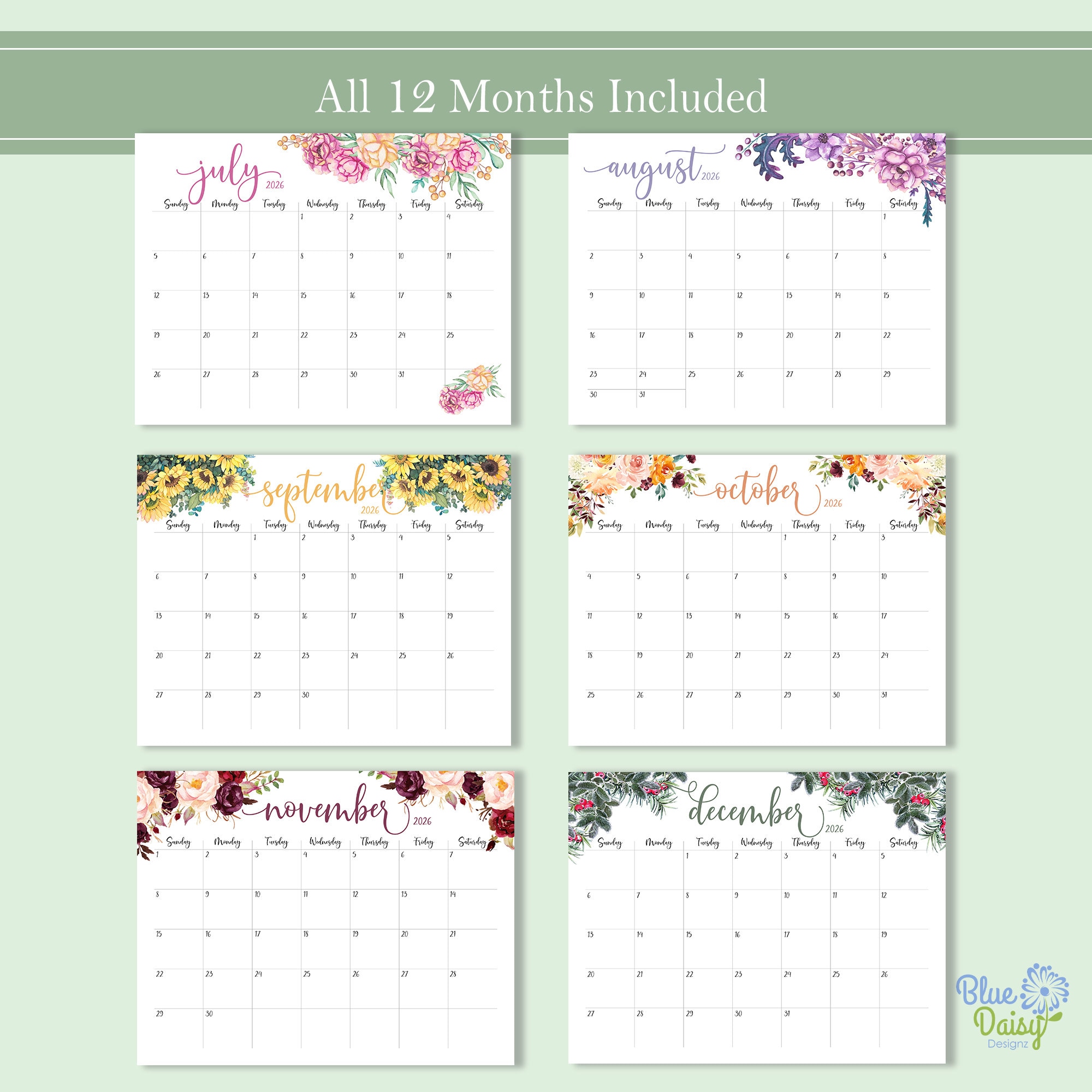 2026 Watercolor Floral Calendar | Printable Landscape Horizontal | US ...