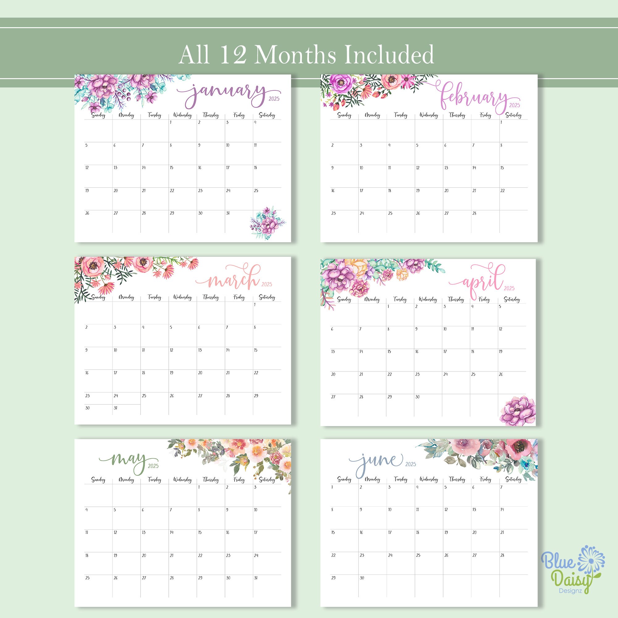 2025 Watercolor Floral Calendar PLUS Printable Landscape Horizontal US ...