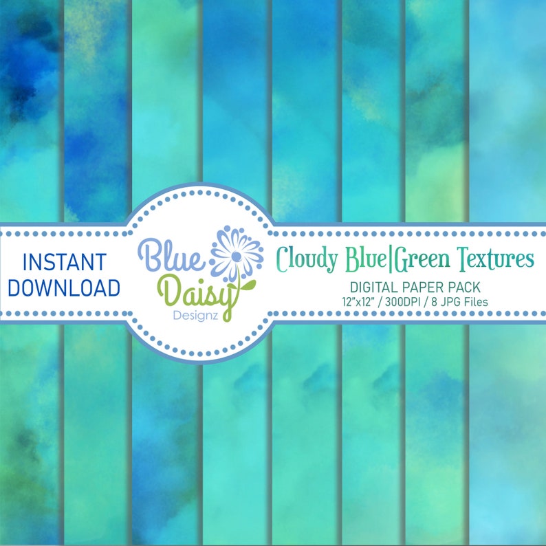 Cloudy Blue Green Textures Digital Paper Pack Watercolor - Etsy