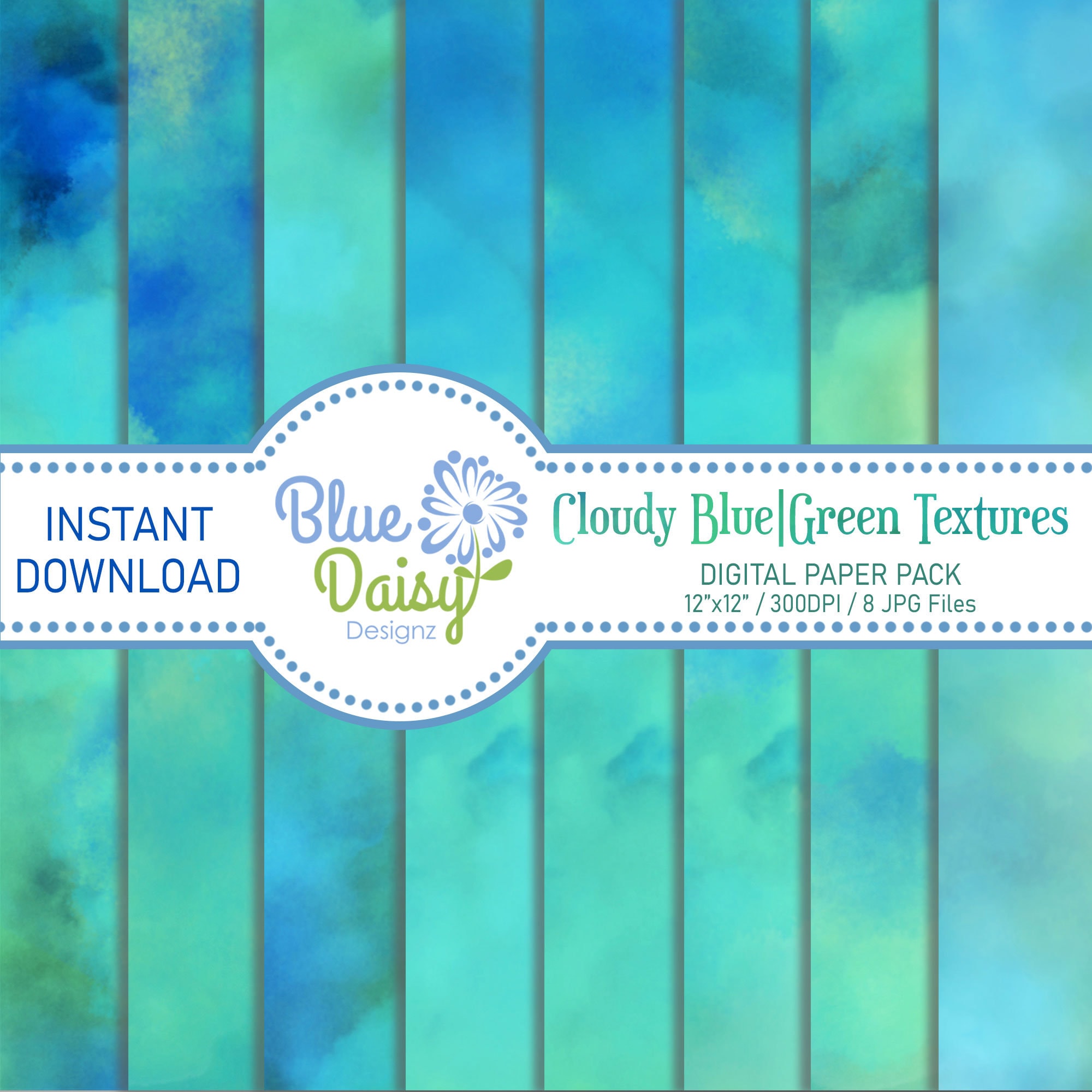 Cloudy Blue Green Textures Digital Paper Pack, Watercolor Digital Paper ...