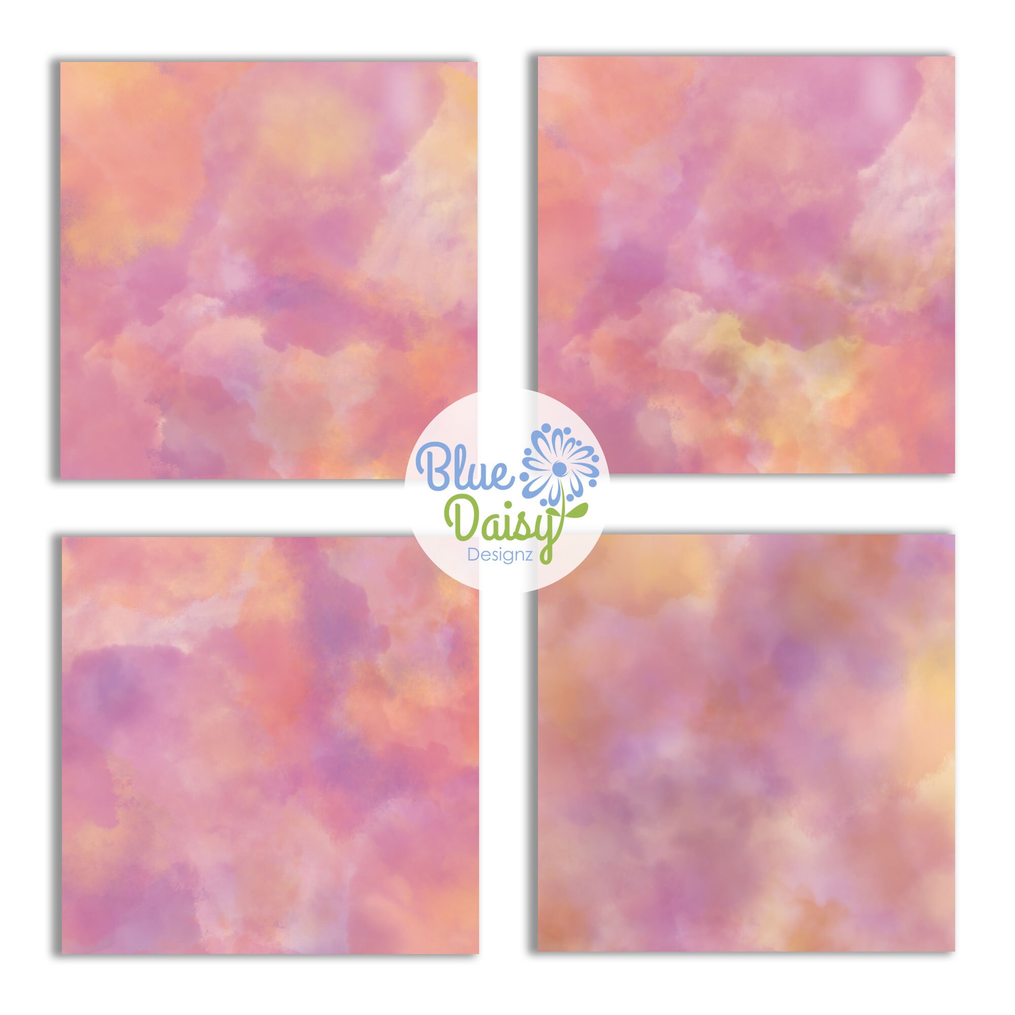 Cloudy Pink Orange Textures Digital Paper Pack, Watercolor Digital ...