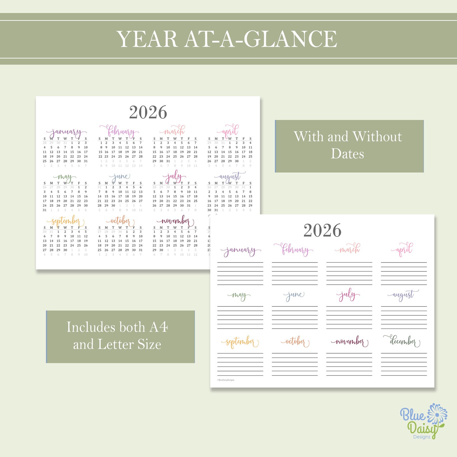 2026 Watercolor Floral Calendar PLUS | Printable Landscape Horizontal ...