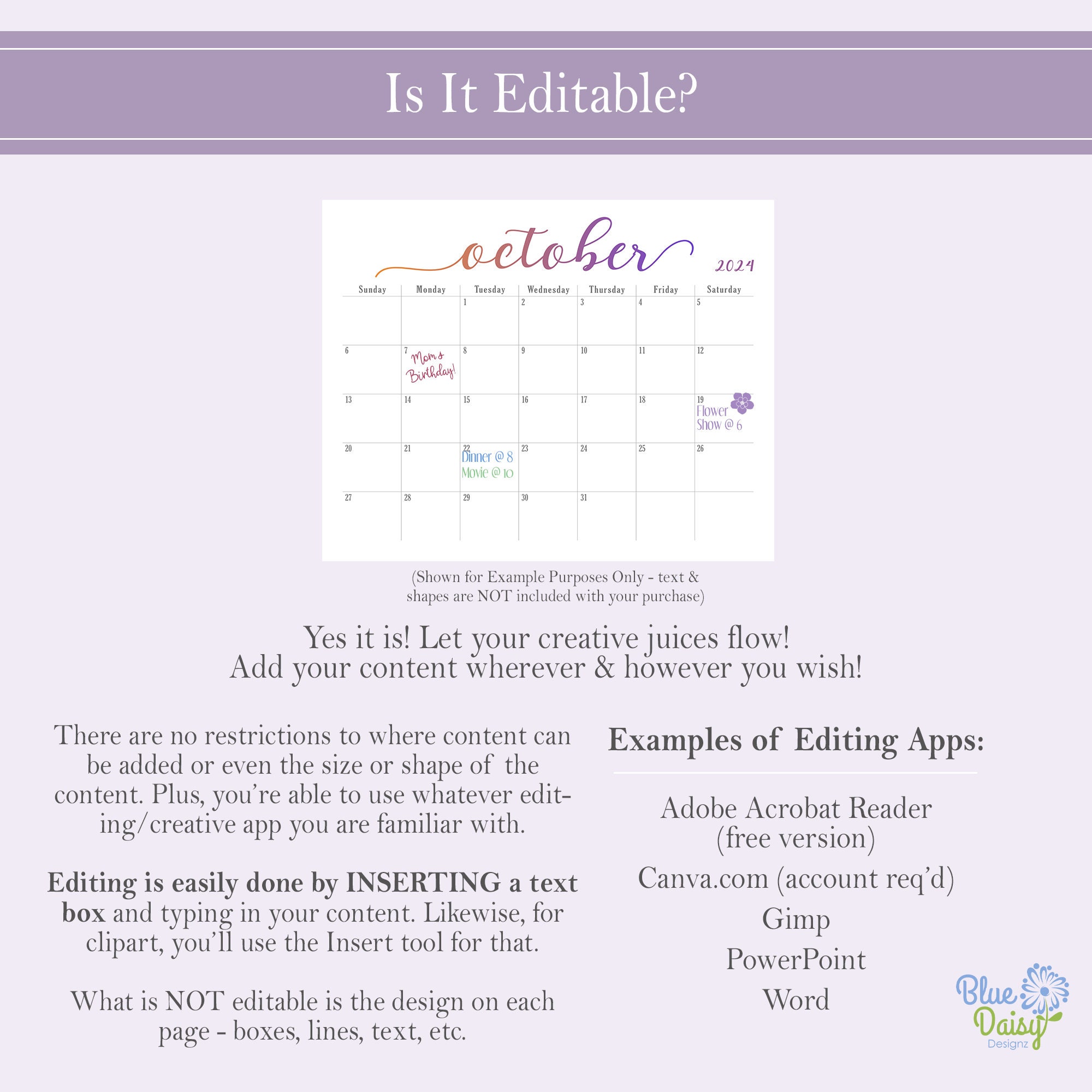 2024 Gradient Text Calendar Printable Editable Landscape Horizontal ...