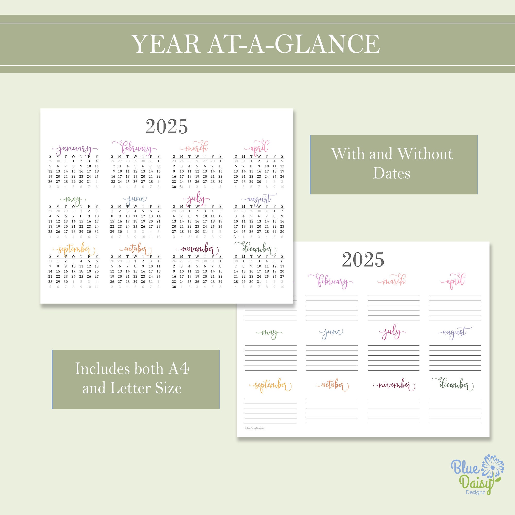 2025 Watercolor Floral Calendar PLUS | Printable Landscape Horizontal ...