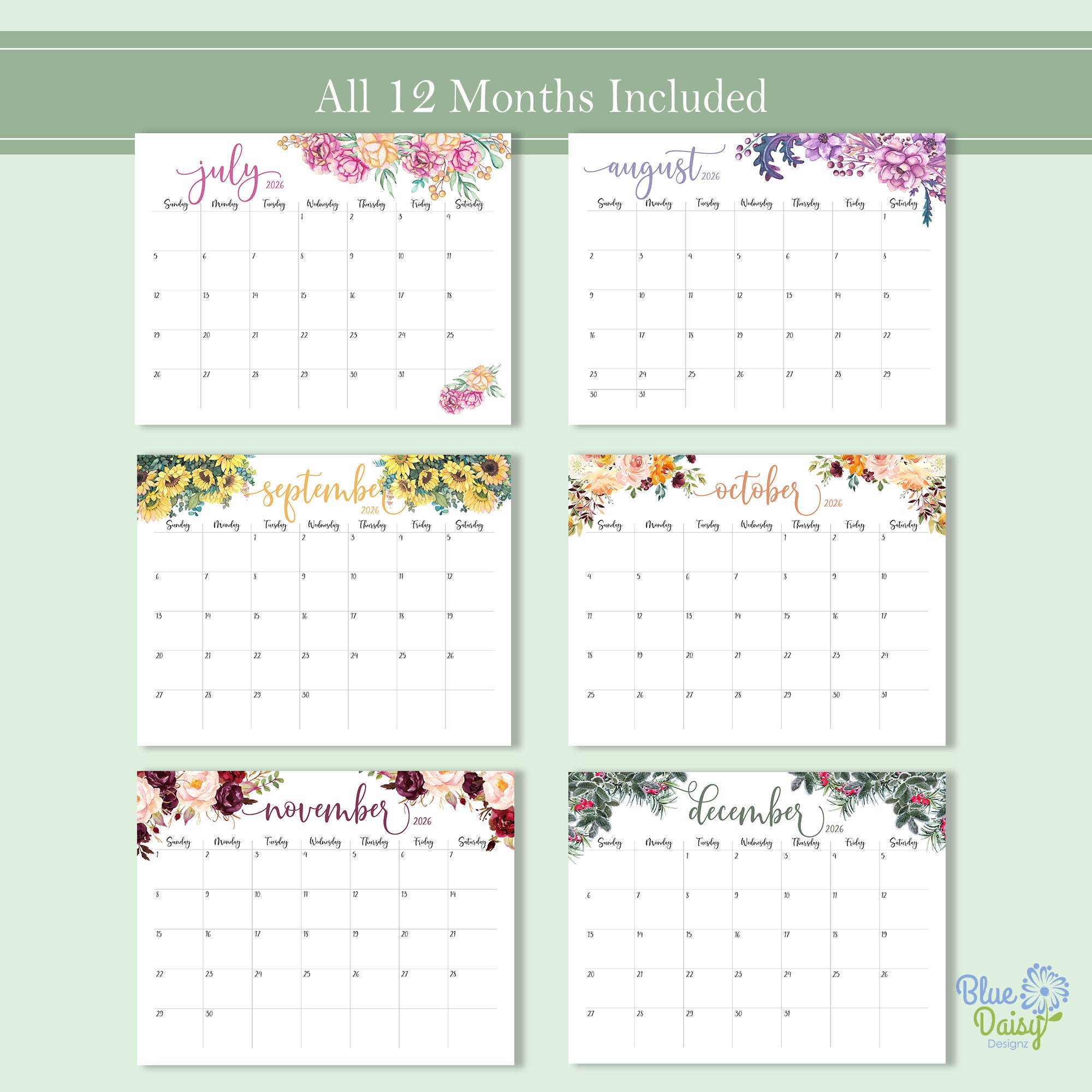 2026 Watercolor Floral Calendar PLUS | Printable Landscape Horizontal ...