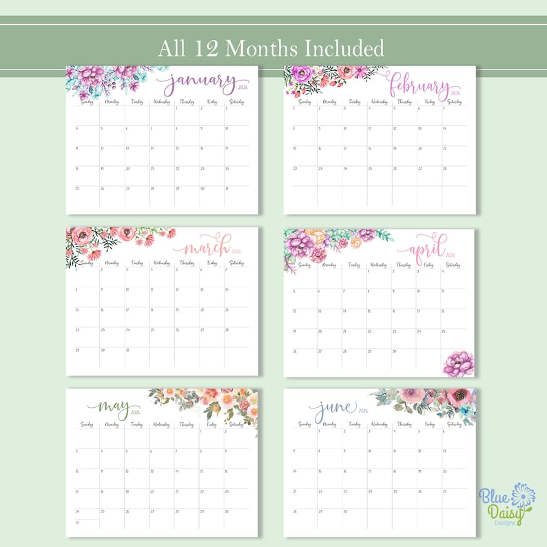 2026 Watercolor Floral Calendar | Printable Landscape Horizontal | US ...