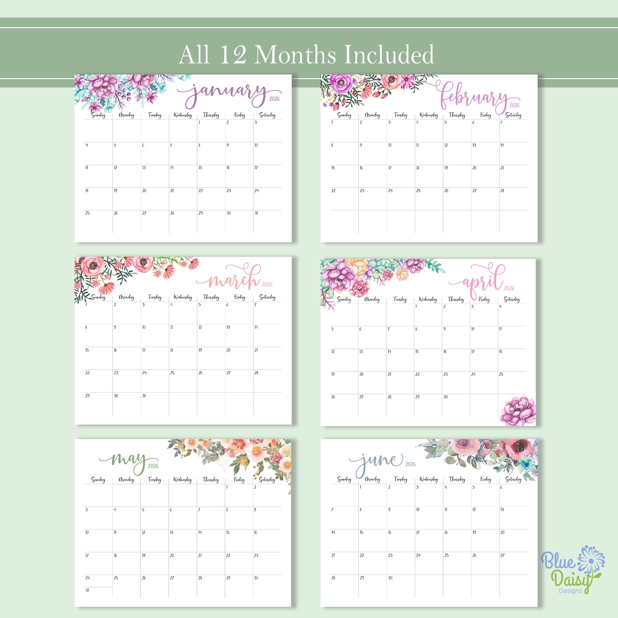 2026 Watercolor Floral Calendar | Printable Landscape Horizontal | US ...