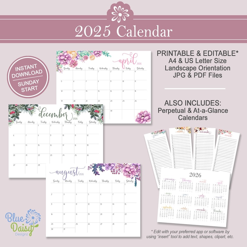 2025 Watercolor Floral Calendar PLUS | Printable Landscape Horizontal ...