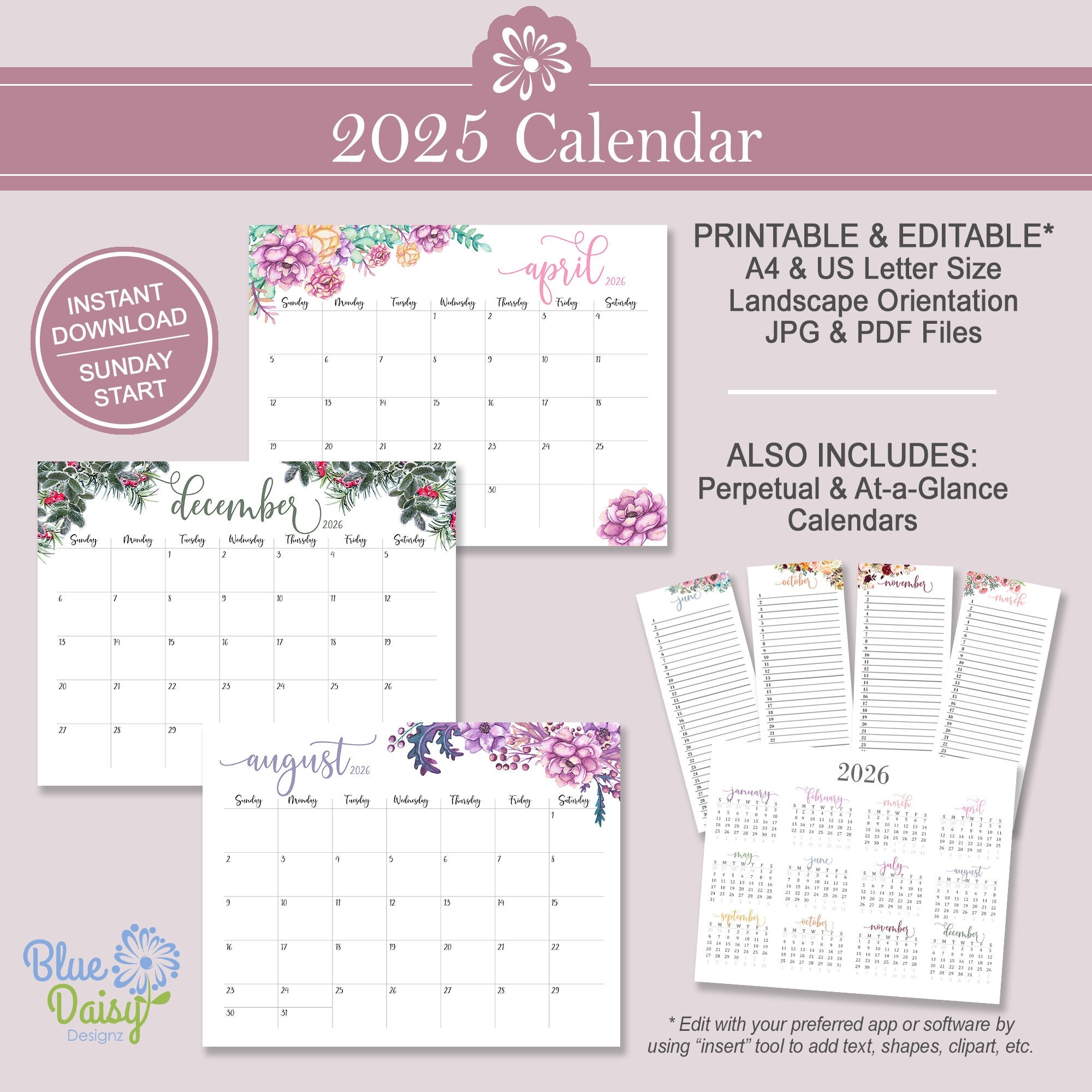 2025 Watercolor Floral Calendar PLUS | Printable Landscape Horizontal ...
