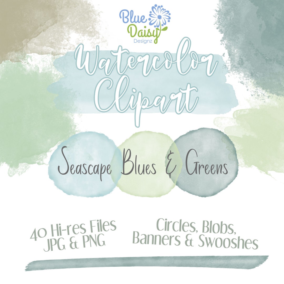 Watercolor Clipart Seascape Blues & Greens, Textures, Blobs, Banners ...