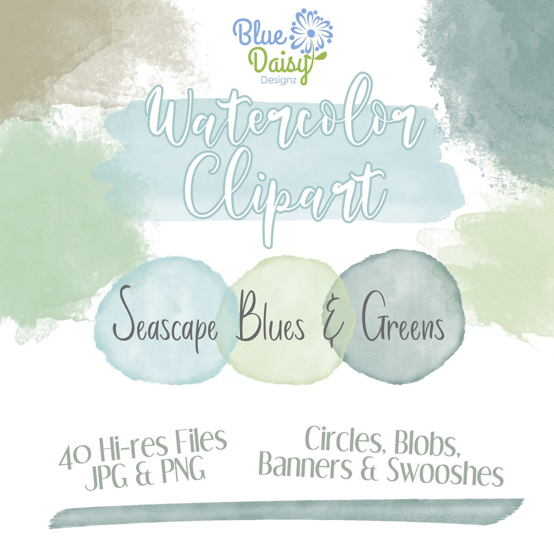 Watercolor Clipart Seascape Blues & Greens, Textures, Blobs, Banners ...
