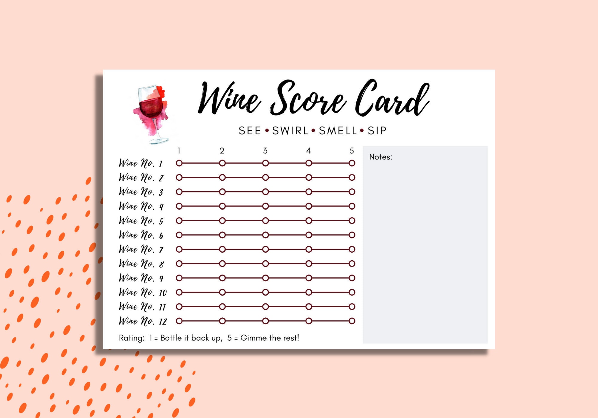 Wine Tasting Score Card | up to 12 Wines | Printable Score Card - Etsy