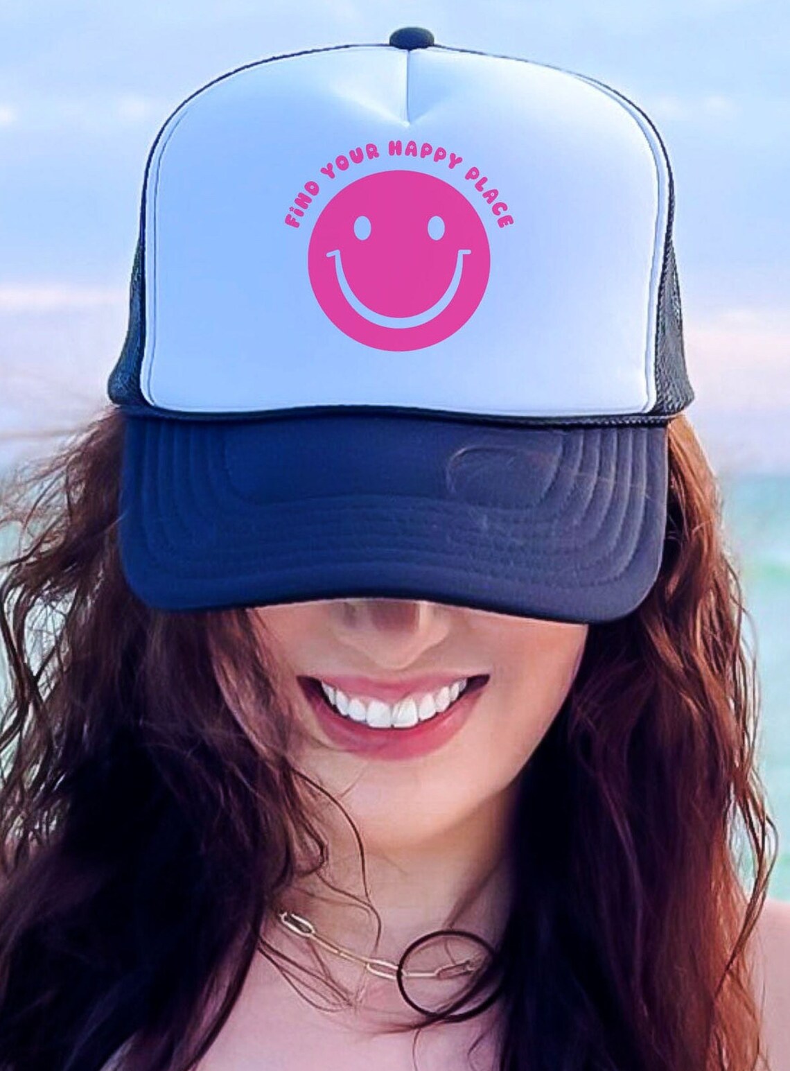 Smiley Face Trucker Hat Beach Good Vibe Gift Idea for Her Happy ...