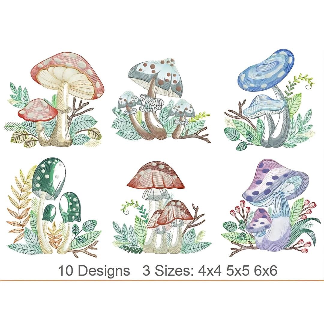 Mushrooms Embroidery Designs Instant Download, 10 Designs Set, Multiple ...
