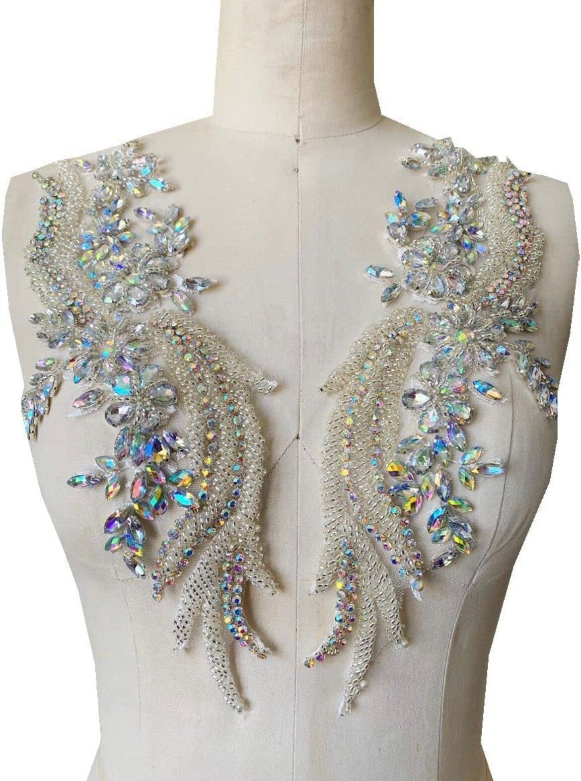 Rhinestone Bodice Appliqué Ab Crystal / Iridescent Sewing Appliqué Pair ...