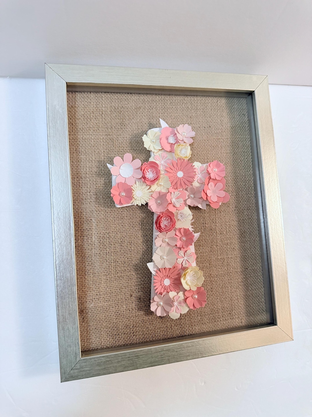 8x10 Silver Shadow Box With a Cross of Flowers in Pink and Cream Tones ...