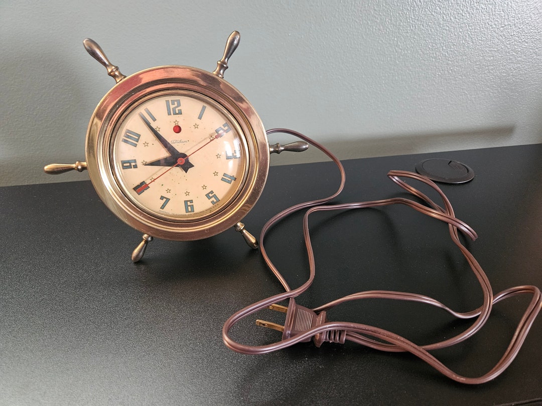 1940s Vintage Telechron Brass Ship's Wheel Electric Nautical Clock 3H85 ...