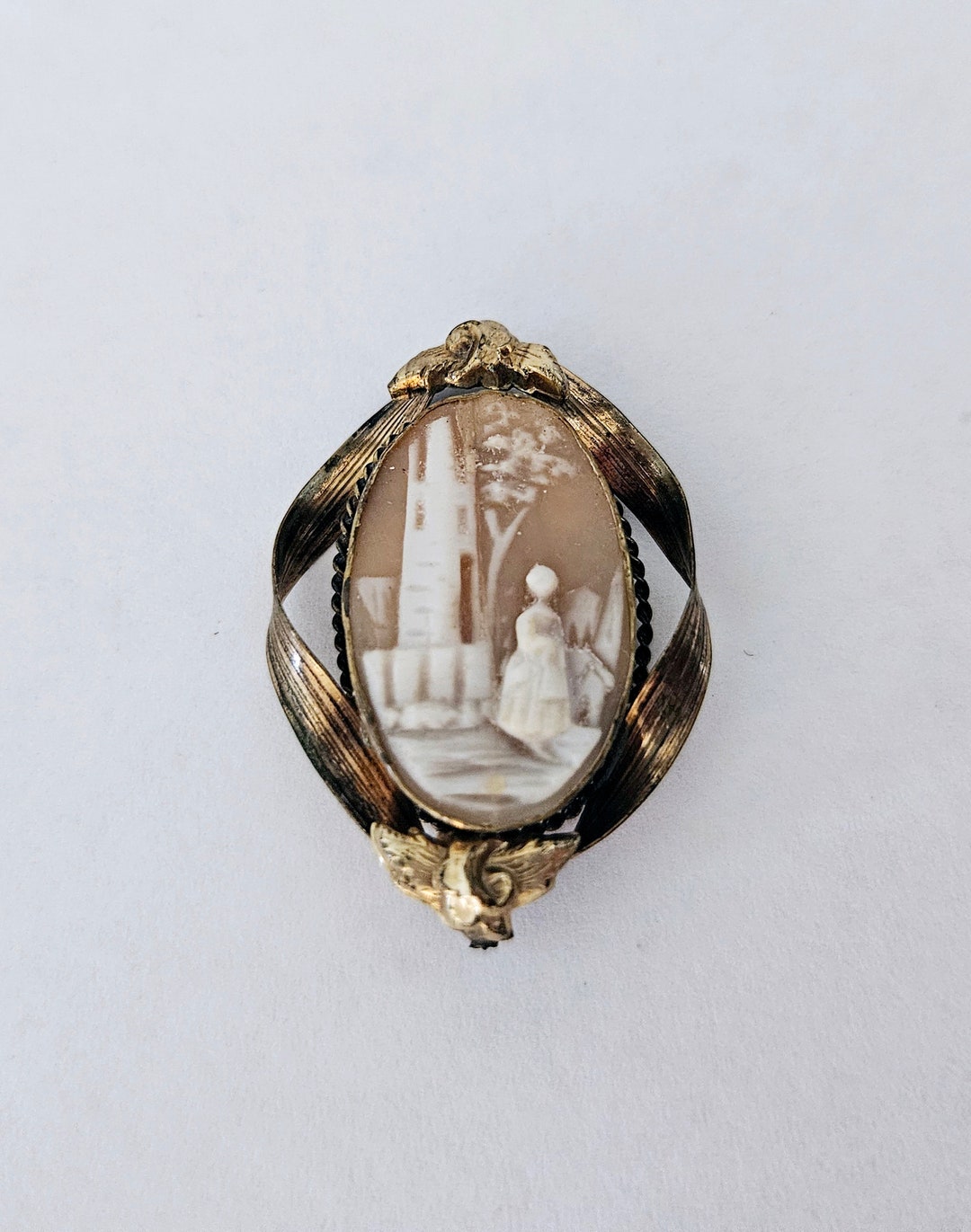 Antique Cameo Hand Carved Shell Brooch Rebecca by a Castle Missing Back ...