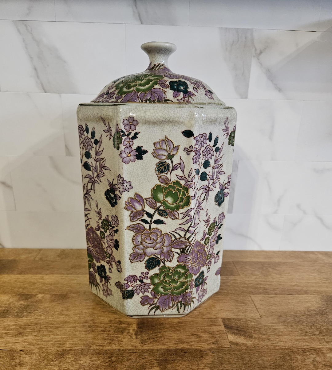 Vintage Chinese Hand Painted Porcelain Octagon Jar W/lid Floral Pattern ...