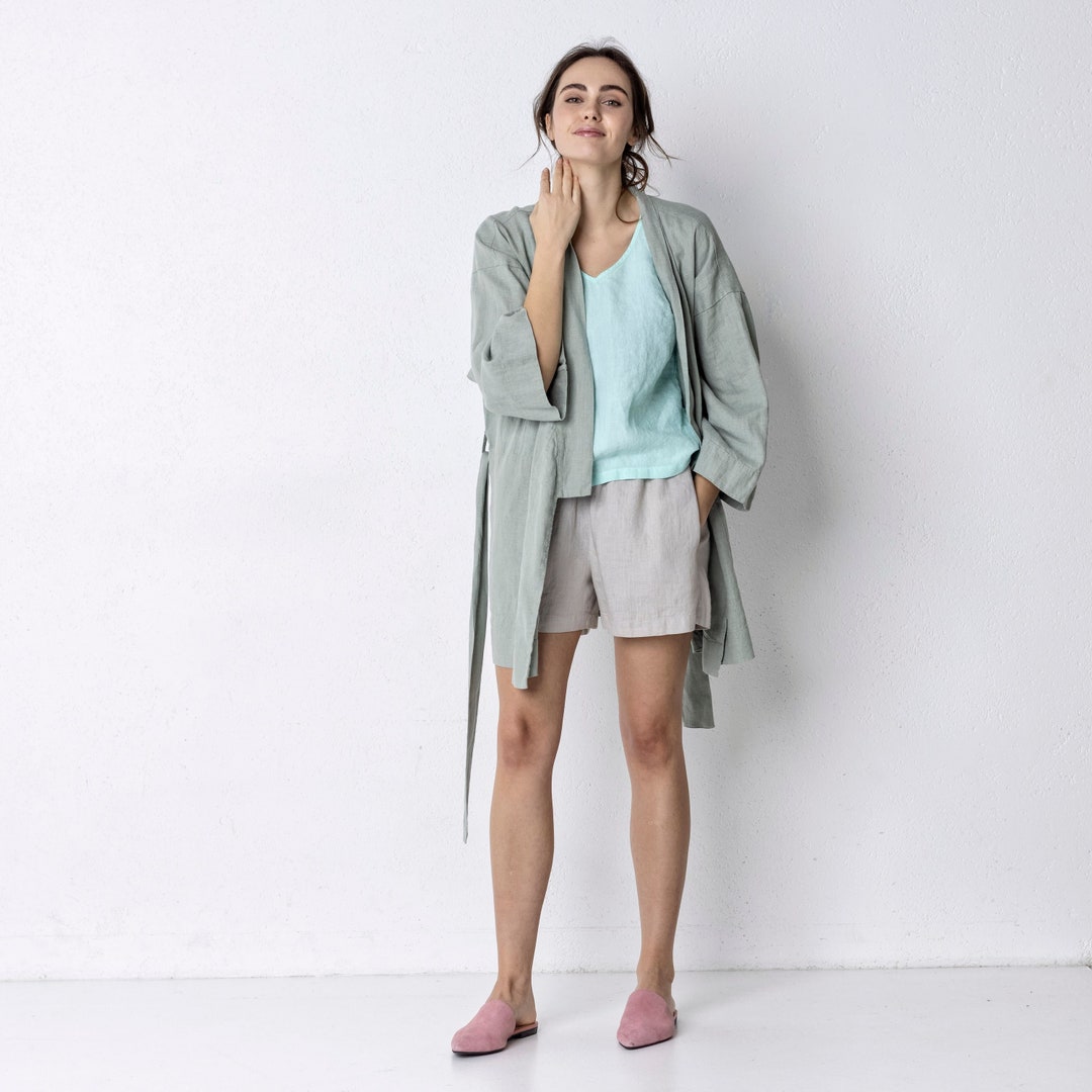 KYOTO Natural Linen Kimono Robe, Short Linen Cover up Pyjama Top With ...