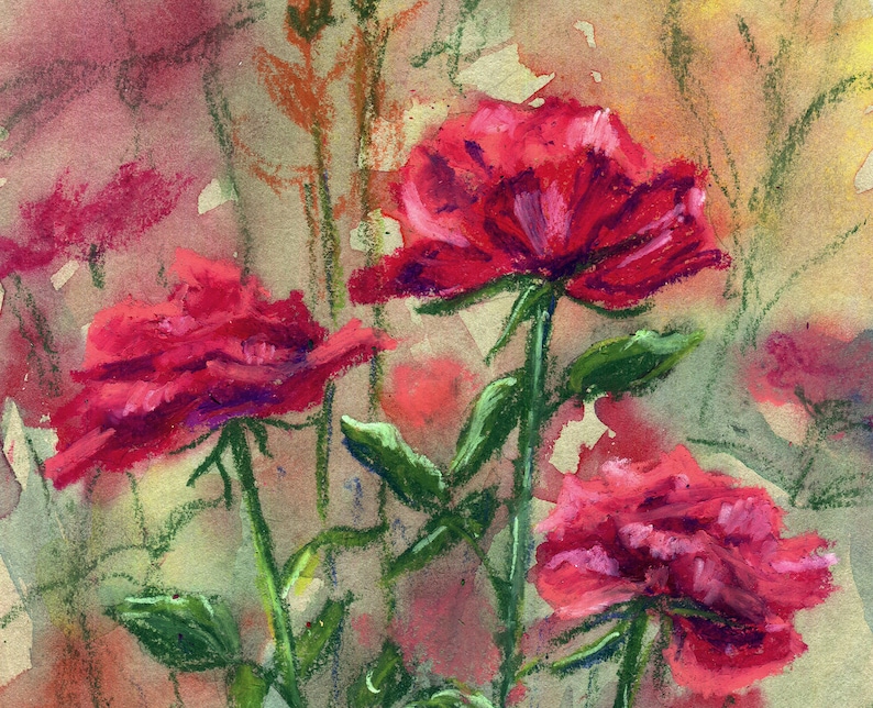 Rose Oil Pastel Painting and Watercolor Floral Art Work Original Oil ...
