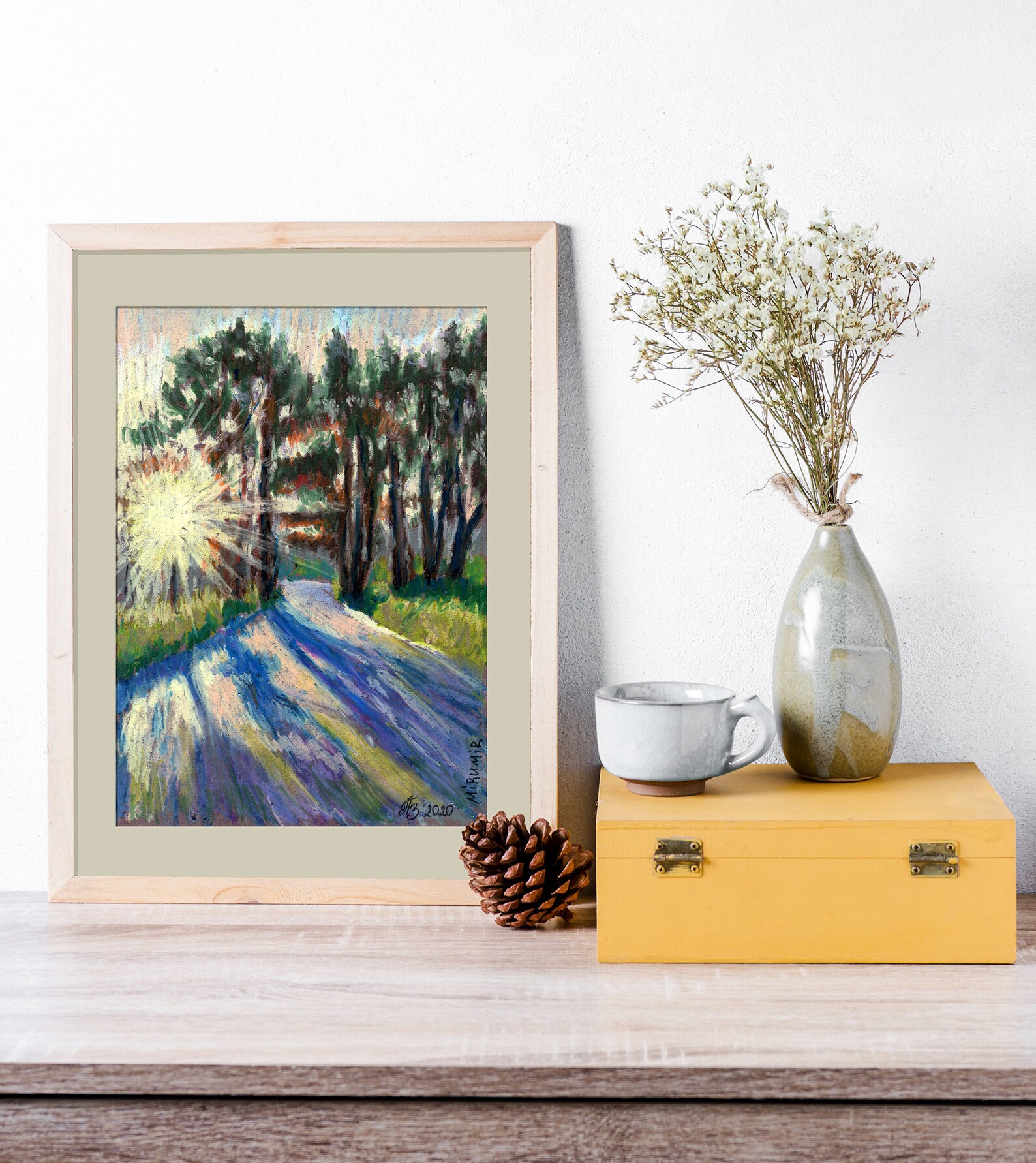 Pine Trees Oil Pastel Art Sun Through the Trees Landscape - Etsy
