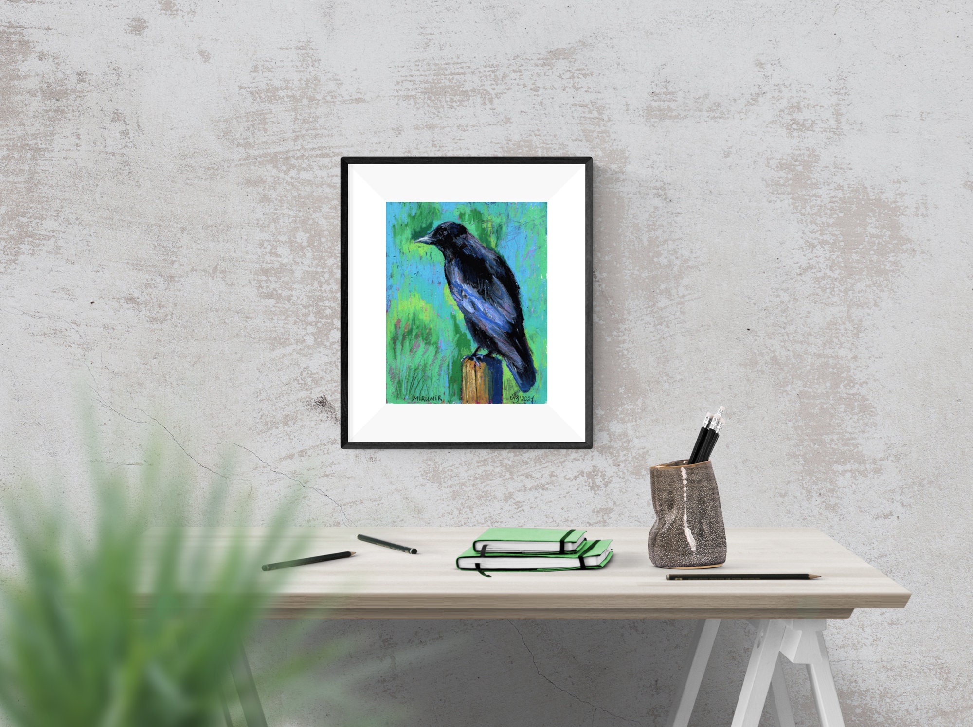 Raven Oil Pastel Painting Black Bird Wall Art 8 by 10 by Zoya Mirumir ...