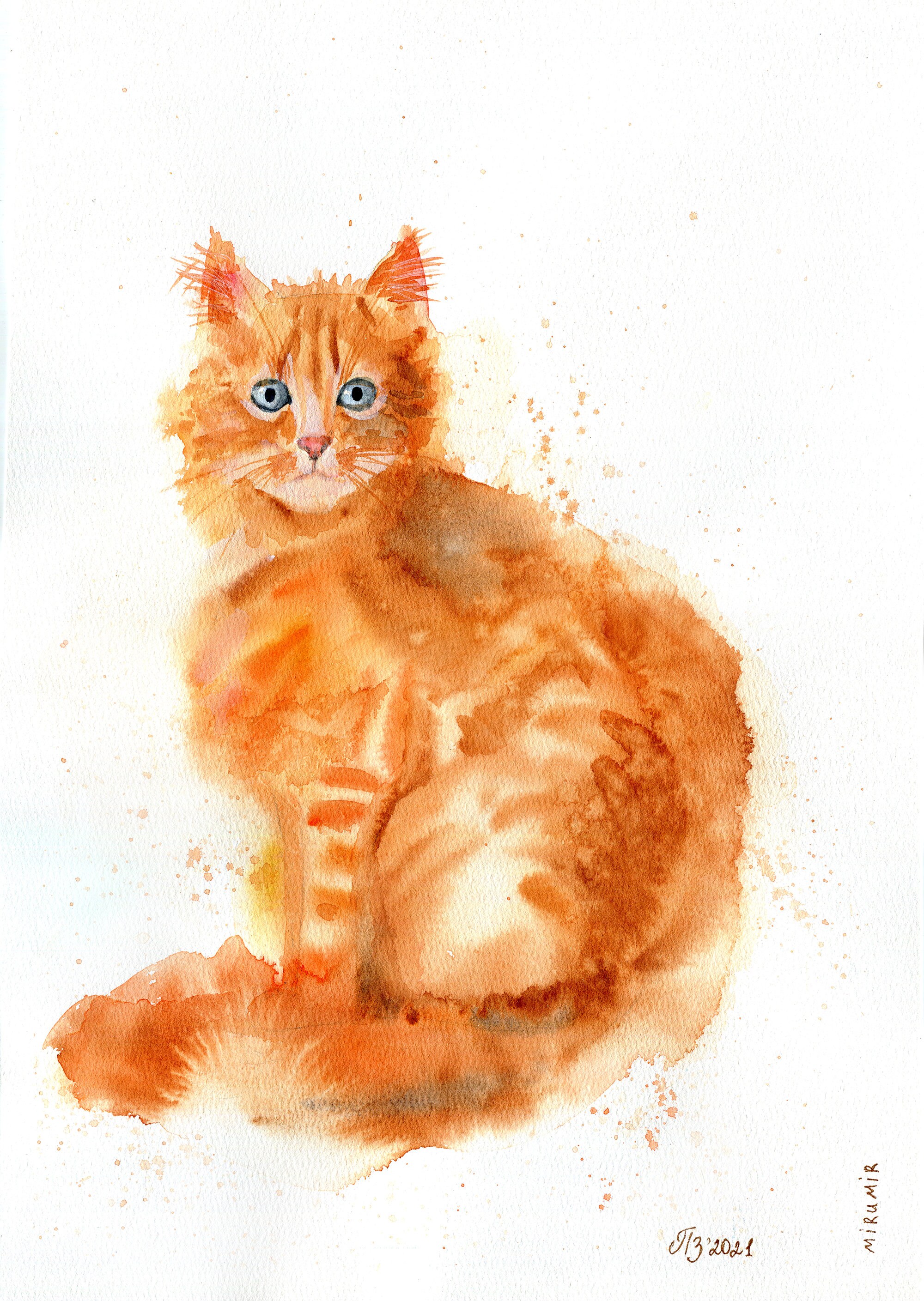 Cat Painting Red Cat Watercolor Painting Original Wall Art by Zoya ...