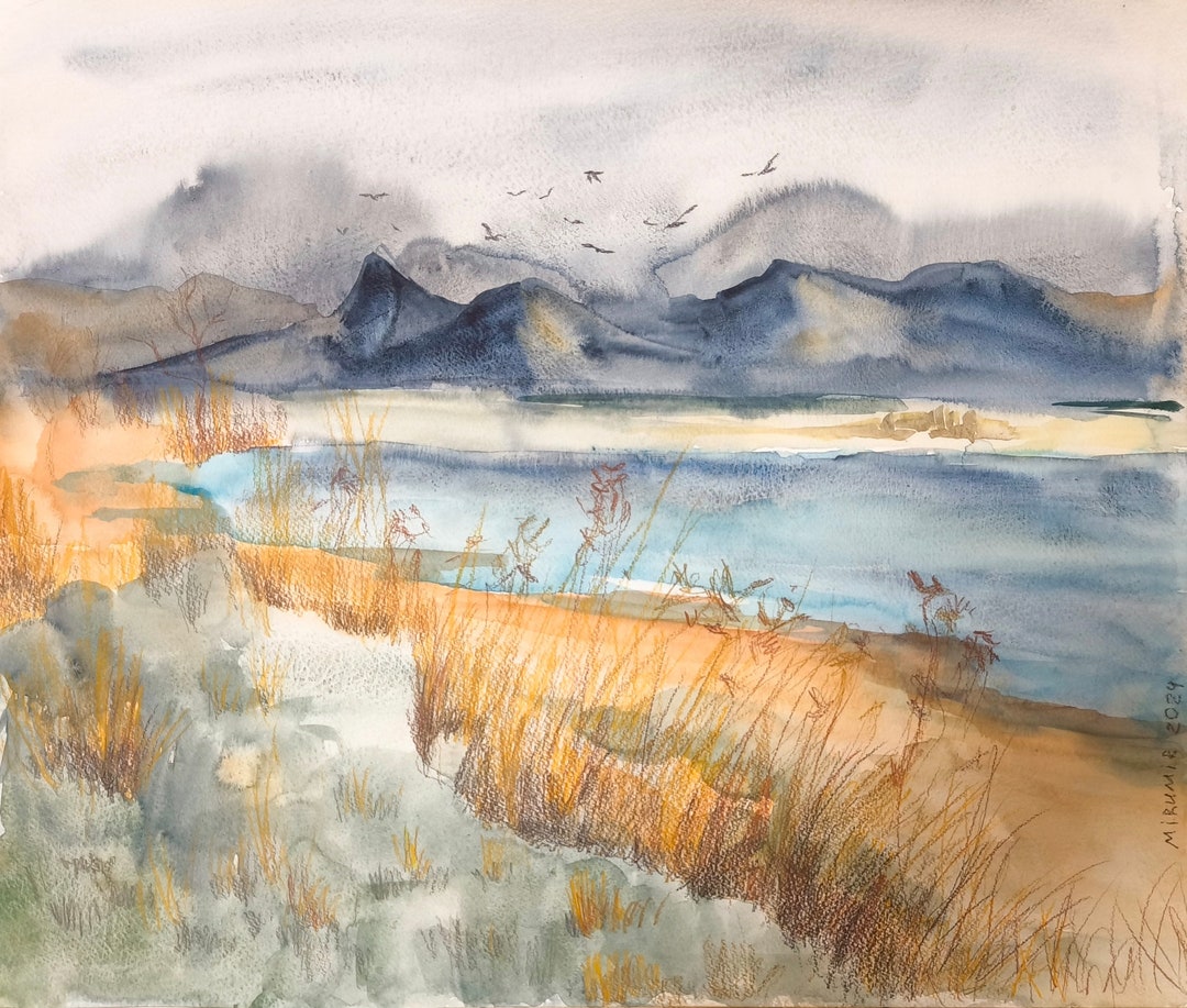 Semi-abstract Watercolor Landscape Painting | Landscape With Mountains ...