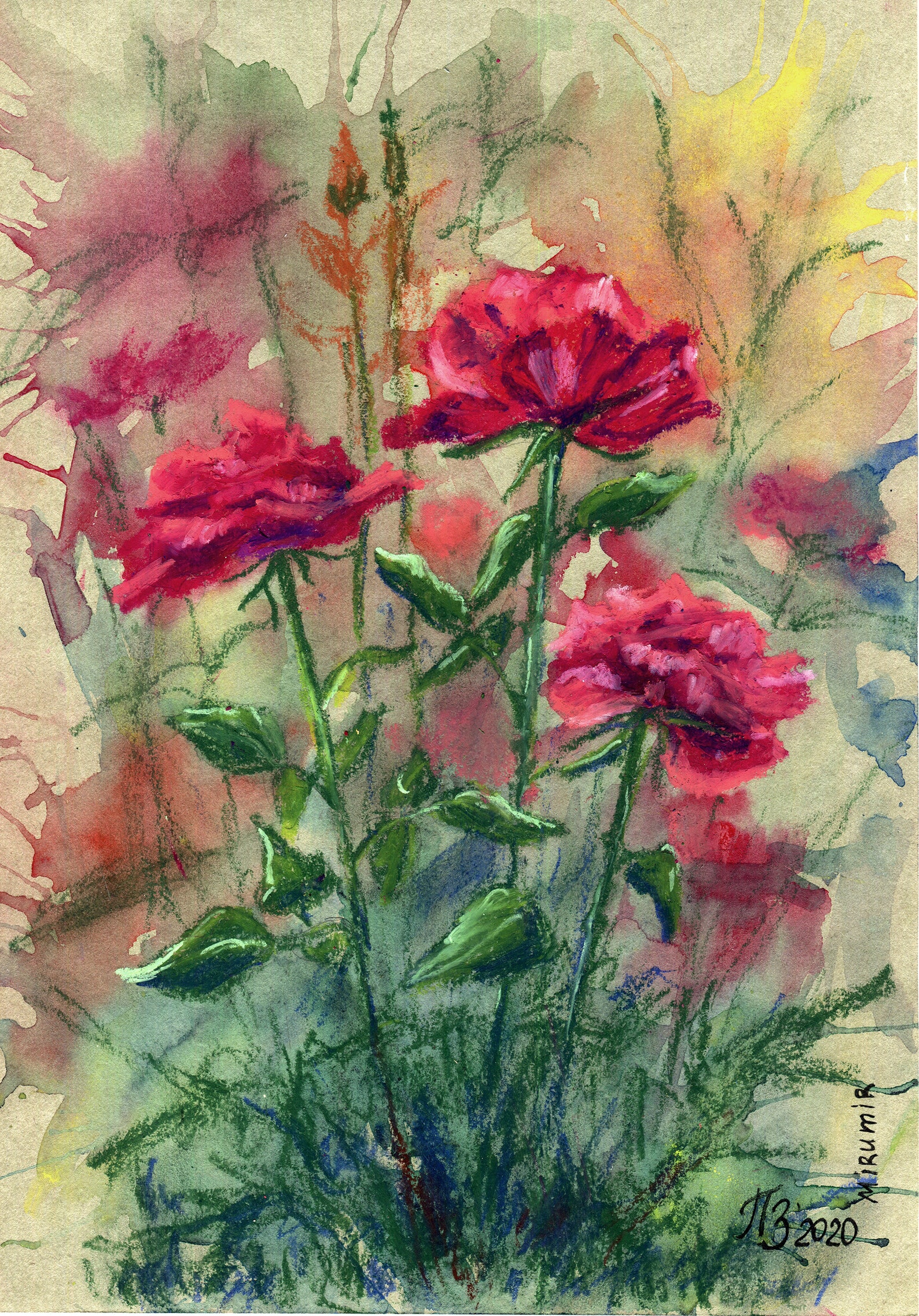 Rose Oil Pastel Painting and Watercolor Floral Art Work Original Oil ...