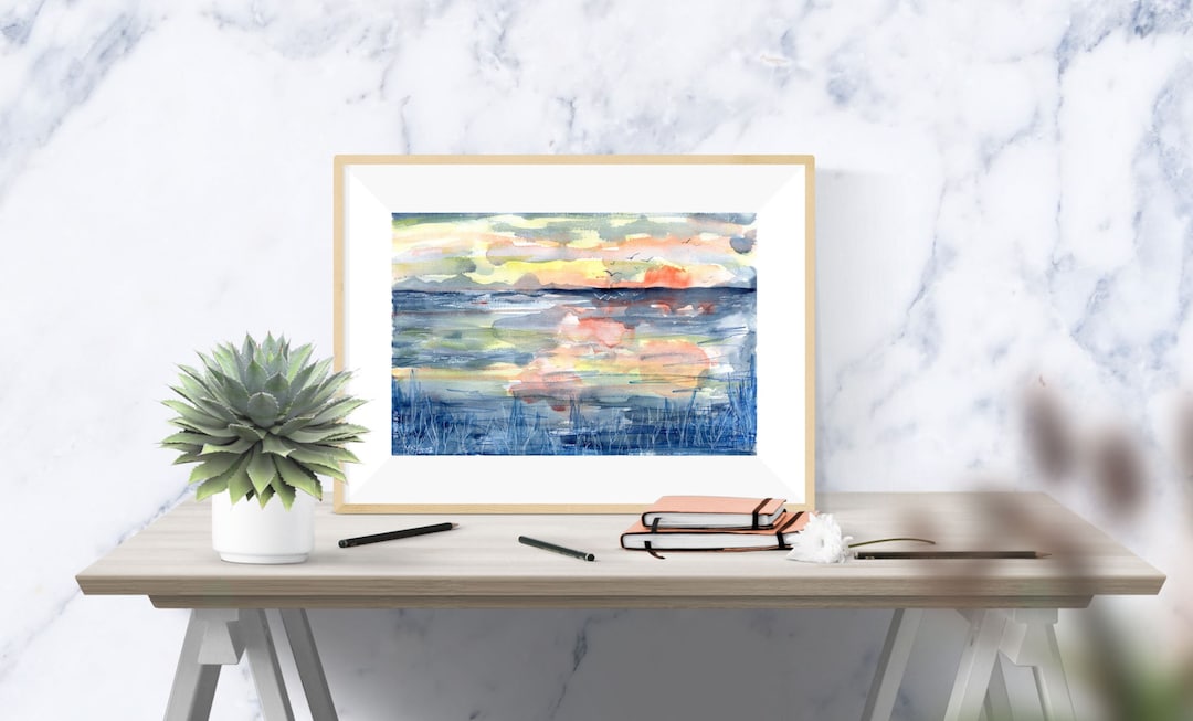 Abstract Watercolor Landscape | Watercolor Sunset Lake Artwork - Etsy